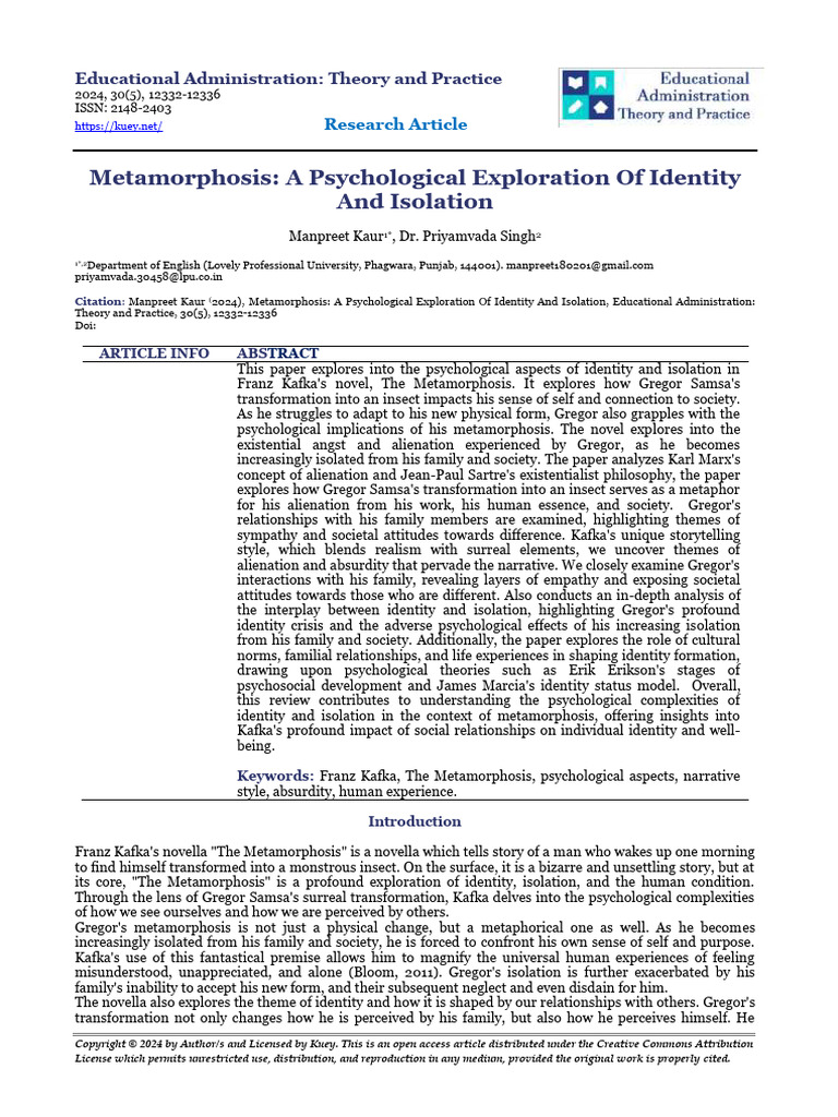 Psychological Insights on Kafka's Metamorphosis | PDF | The ...