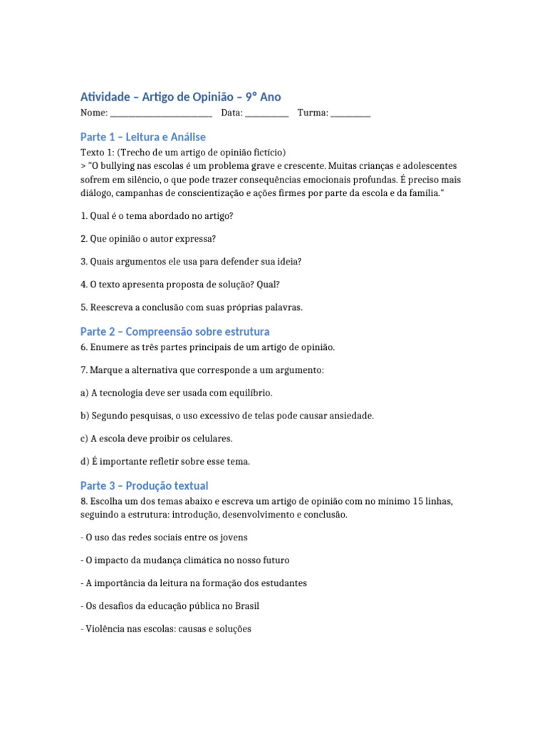 Atividade Artigo de Opiniao 9ano | PDF
