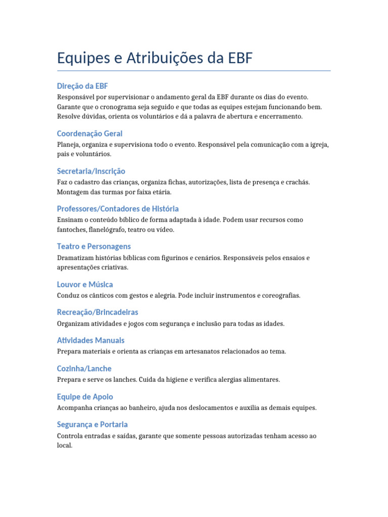 Equipes e Atribuicoes EBF | PDF