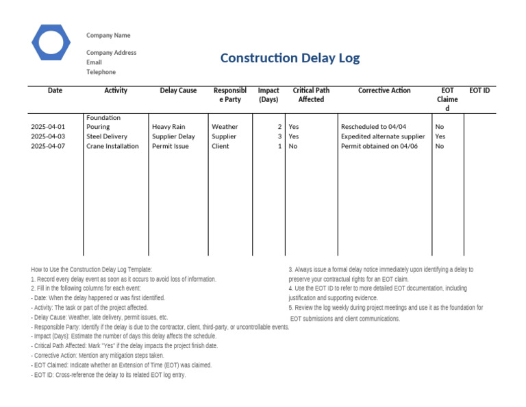Construction Delay Log Template | PDF