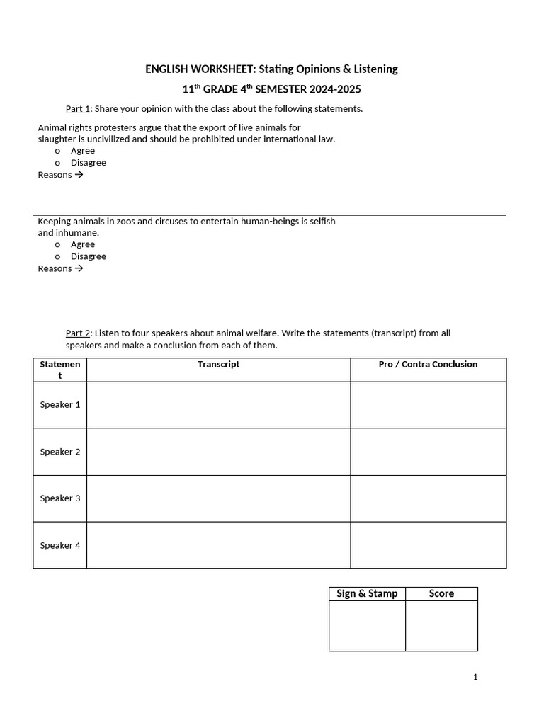 Kls XI - Opinion & Listening Worksheet | PDF