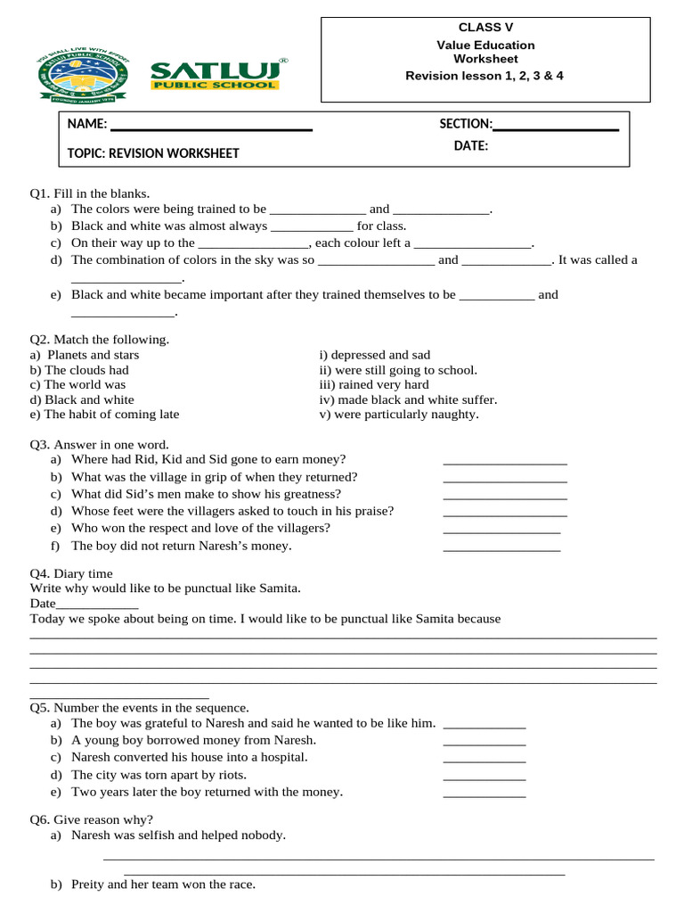 Worksheet Value Education Class 5 | PDF