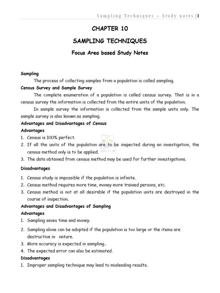 Hsslive-Xi-Stati-10. Sampling Techniques Focus Area - Hsslive | PDF | Sampling (Statistics) | Census