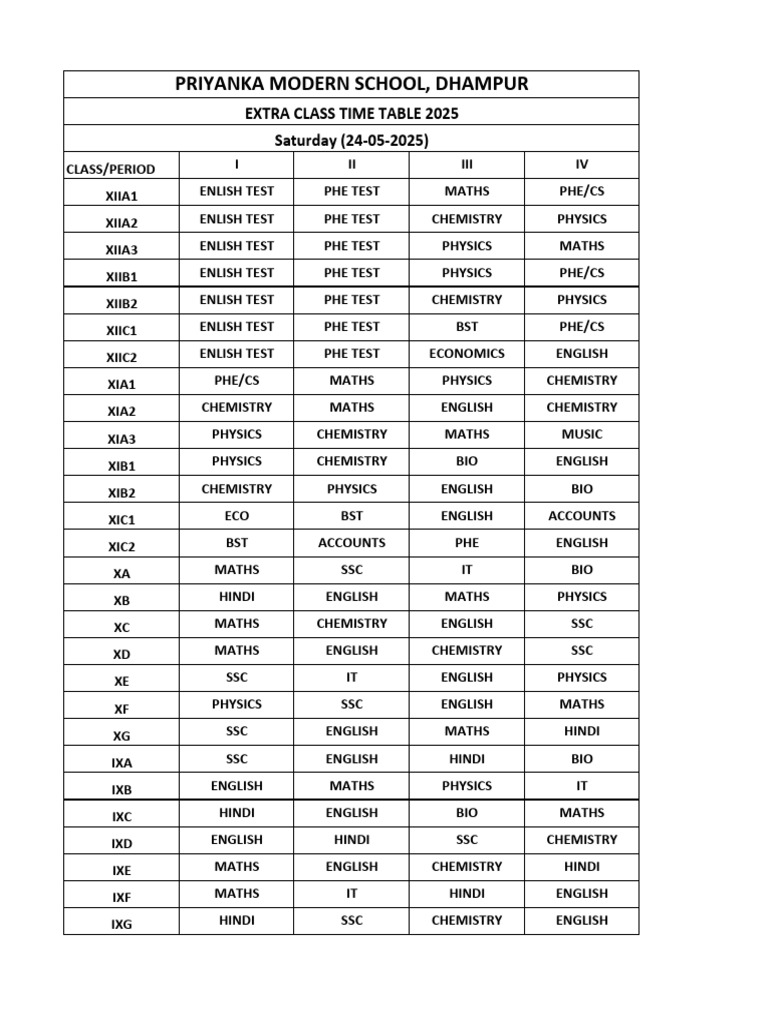 New Extra Class Time Table For Saturday | PDF