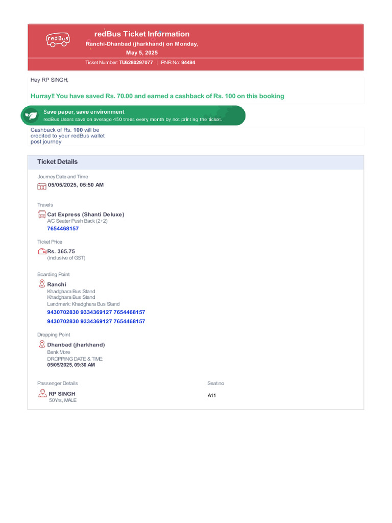 Redbus Ticket Information: Hurray!! You Have Saved Rs. 70.00 and Earned ...
