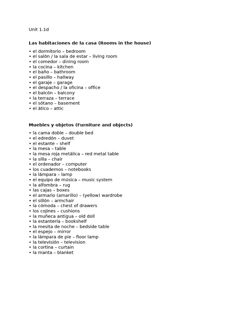 Unit 1.1d - Spanish Cambridge IGCSE | PDF | Dormitorio | Habitación