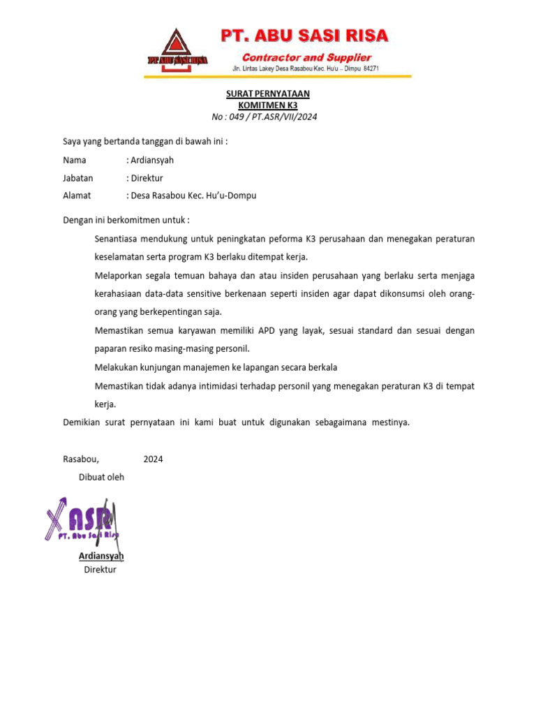 Komitmen K3 Perusahaan PT.ASR | PDF