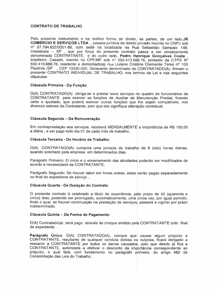 Contrato Trabalho Pedro Henrique | PDF