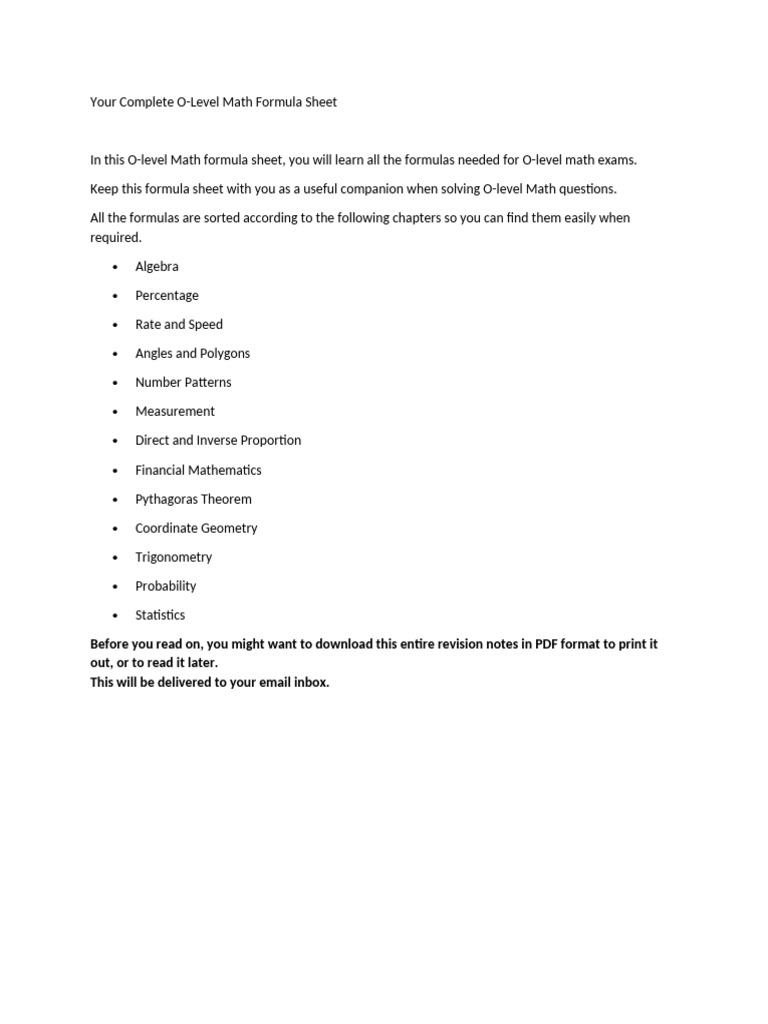 O Level Math Formula Sheet | PDF | Area | Sphere