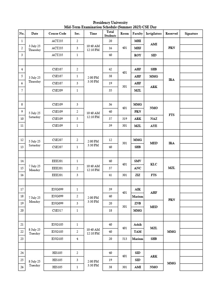 Mid-Term Examination Schedule... Summer 2025... CSE Day | PDF