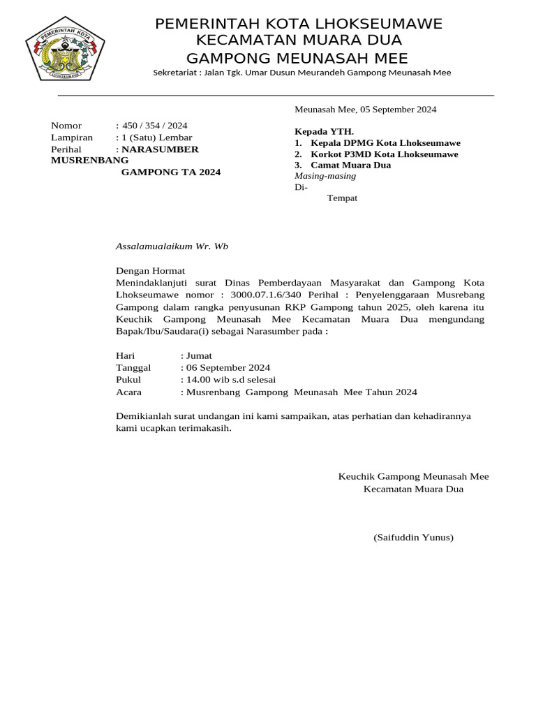 Undangan Musrenbang Gampong 2024 | PDF