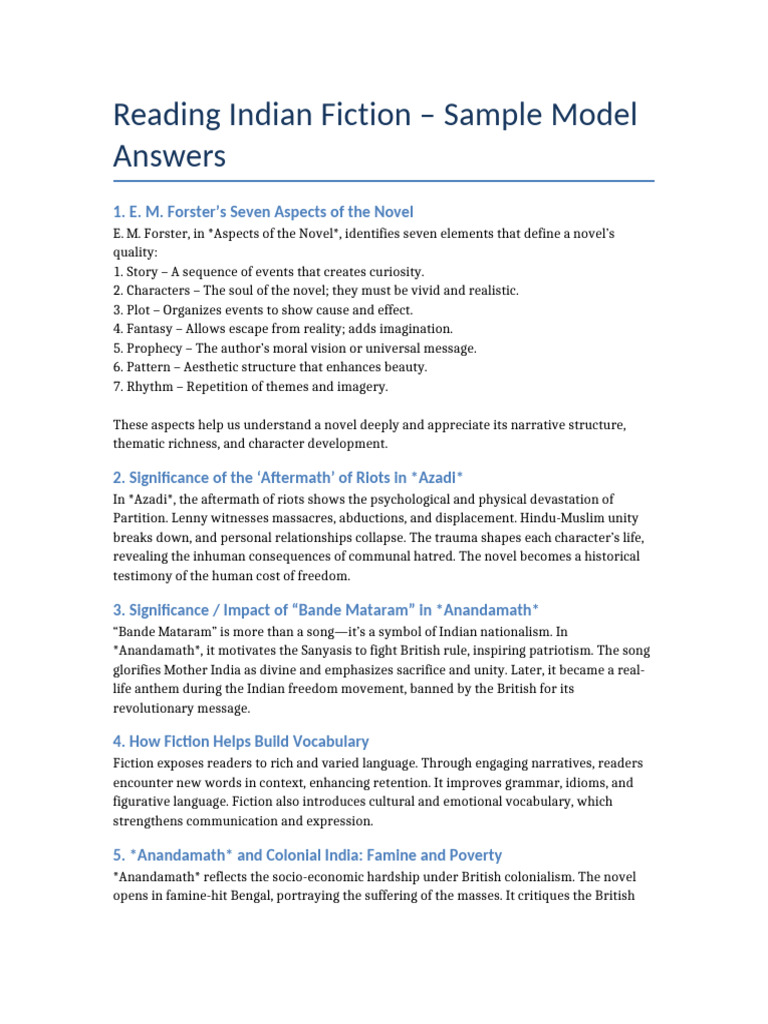 Reading Indian Fiction Model Answers | PDF | Narrative | Novels