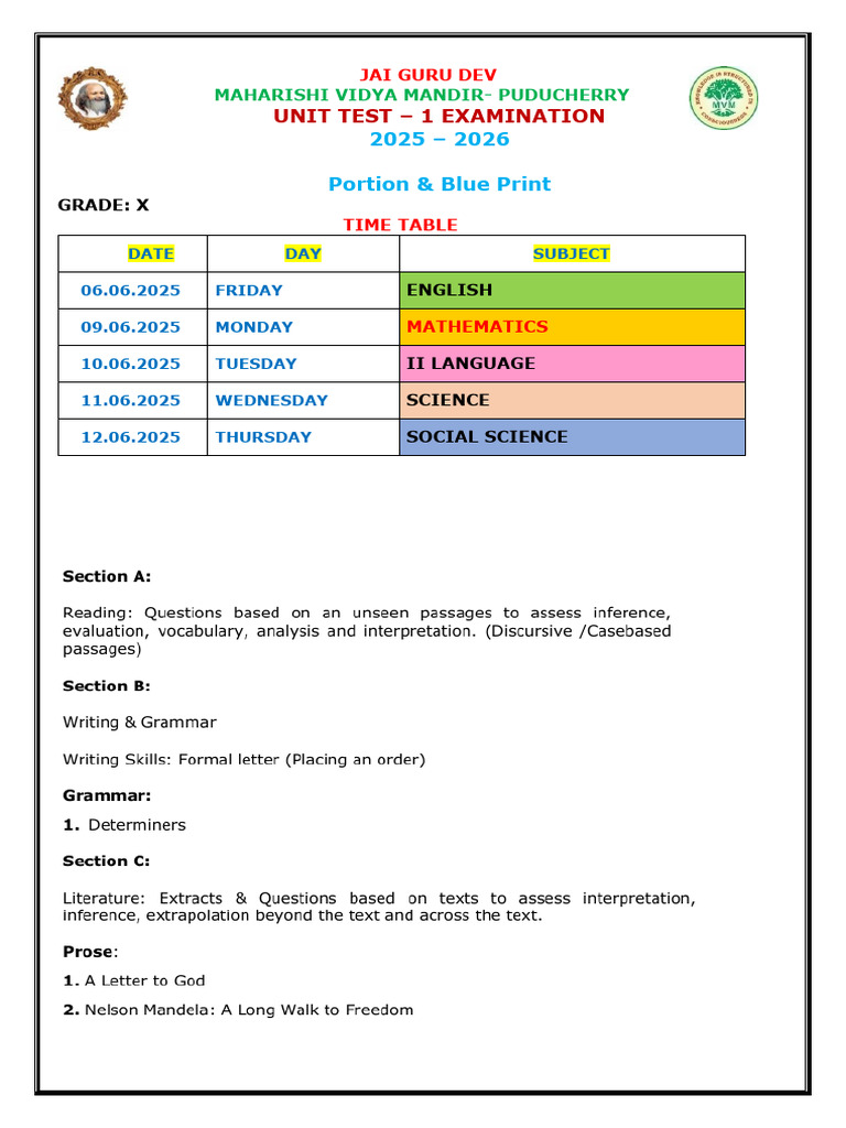 Grade X Unit Test 1 Timetable 2025-26 | PDF