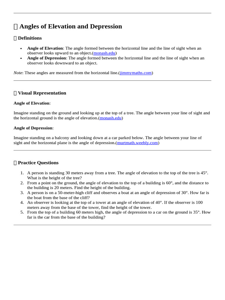 ? Angles of Elevation and Depression | PDF | Trigonometry ...