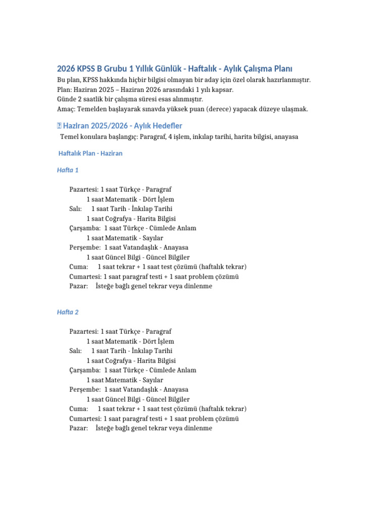 1 Yillik KPSS Calisma Plani | PDF