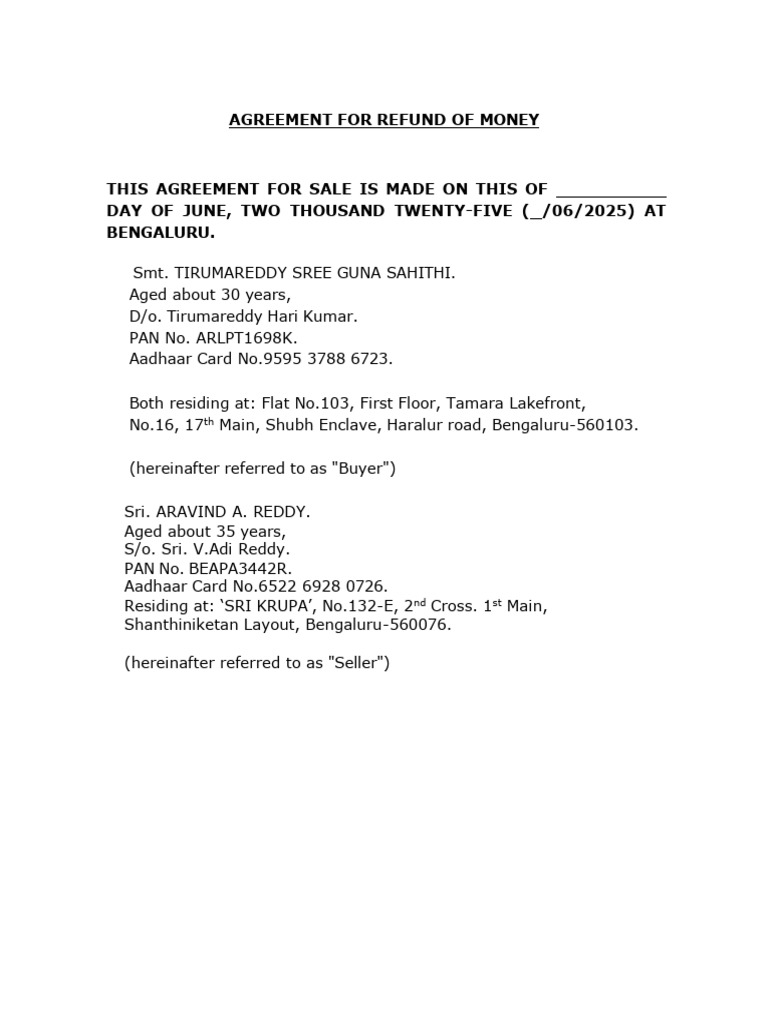 Refund Agreement for Tamara Lakefront | PDF