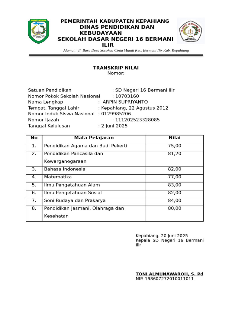 Transkrip Nilai Sekolah Dasar | PDF
