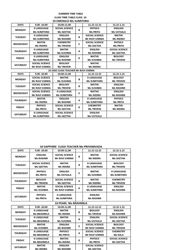 Class 10 Summer Time Table | PDF
