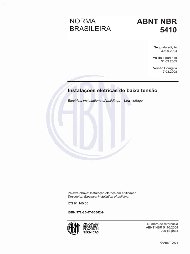 ABNT NBR 5410 2004 Versão Corrigida 2008 | PDF | Condutor elétrico | Fenômenos físicos