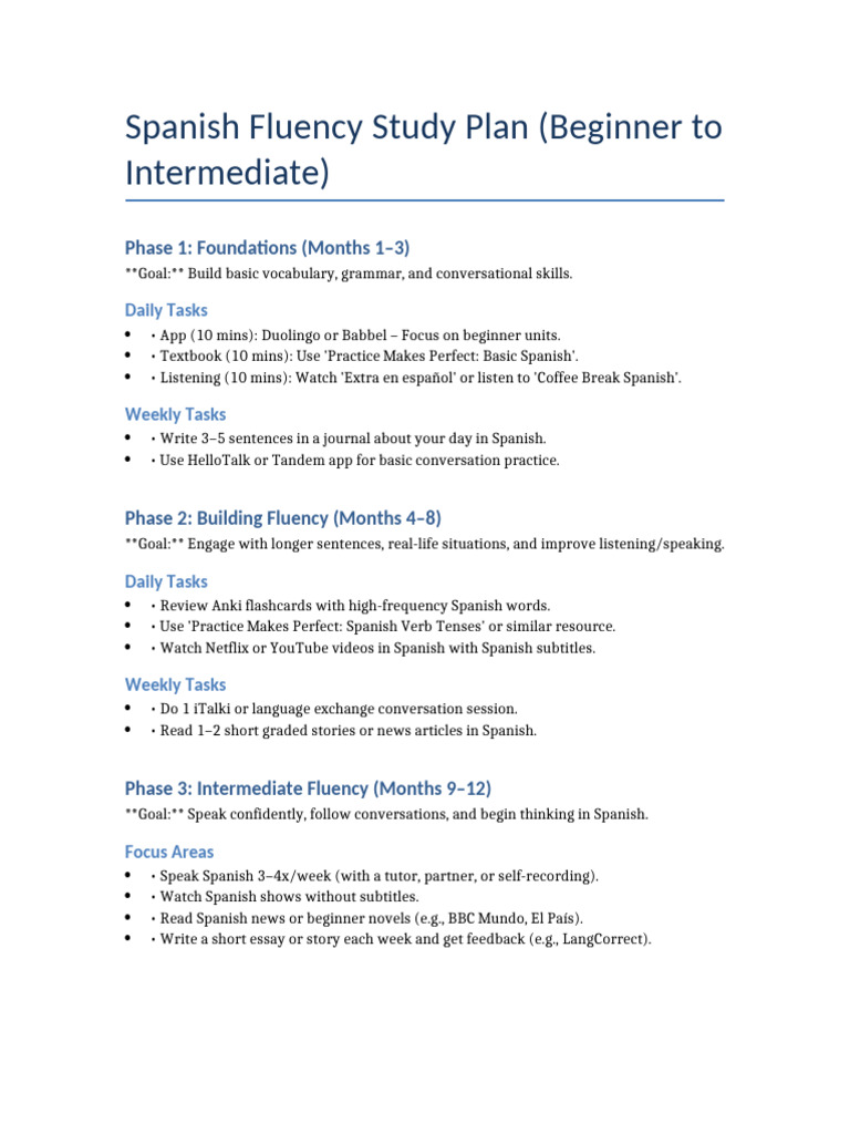 Spanish Fluency Study Plan | PDF