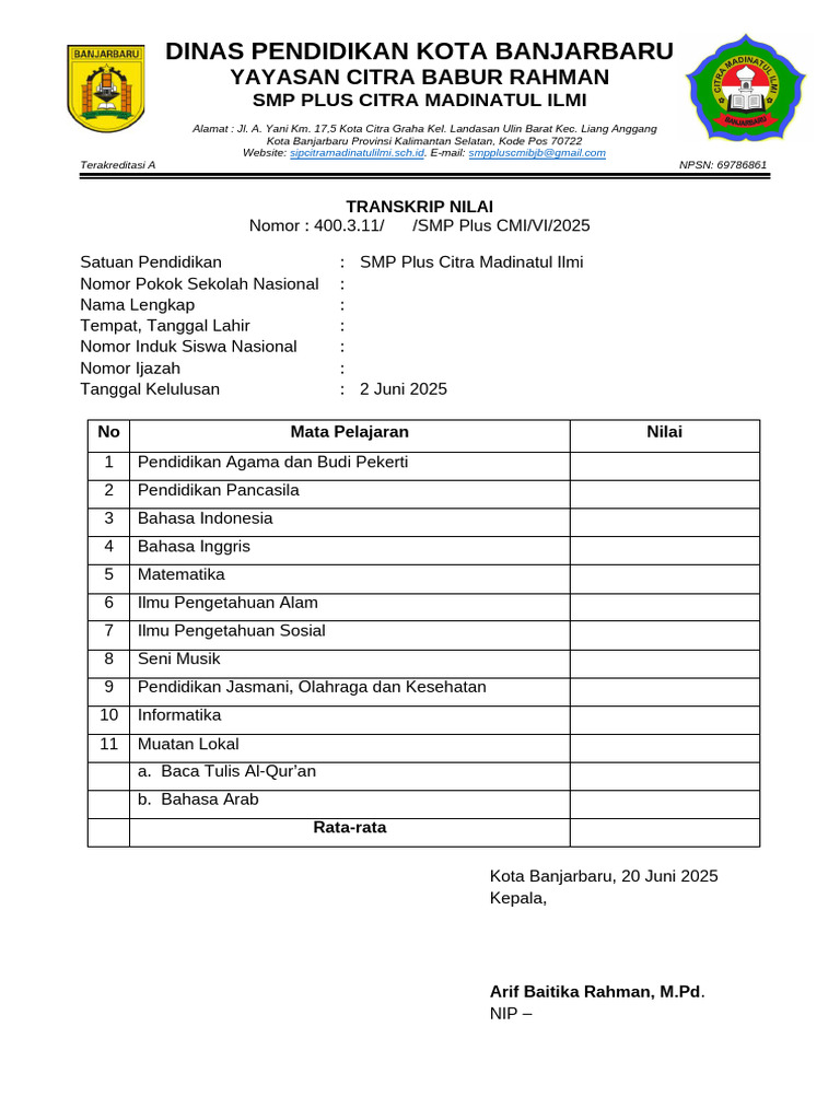 Transkrip Nilai - SMP Plus Cmi | PDF