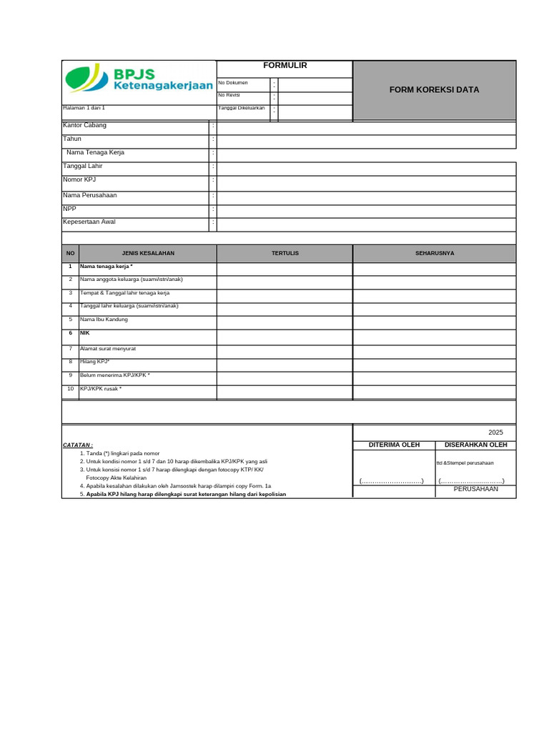 Form Koreksi Data Bpjs TK | PDF