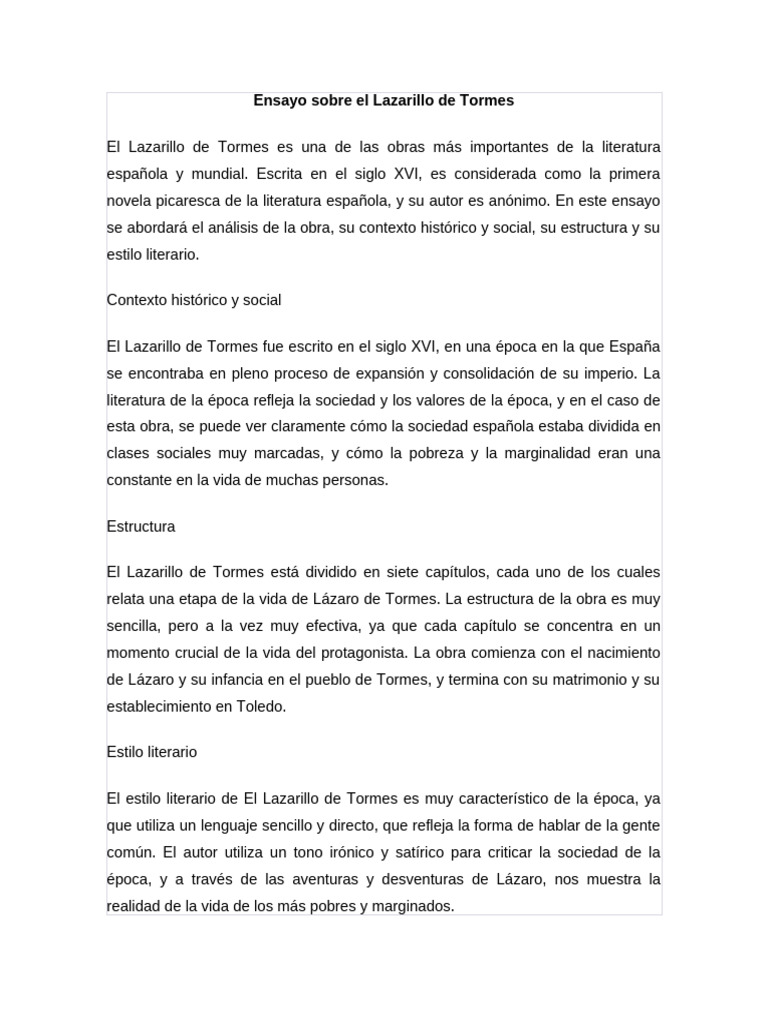 Ensayo Sobre El Lazarillo de Tormes | PDF | Escritura