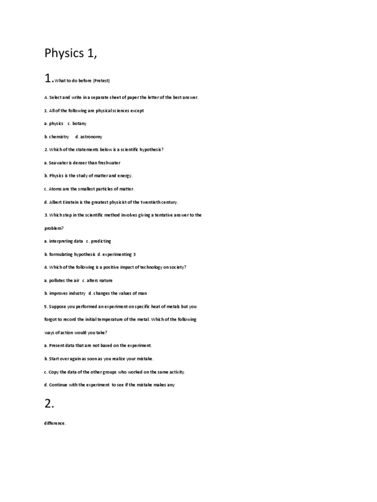 Physics 1 Pretest Review | PDF | Physics | Scientific Method