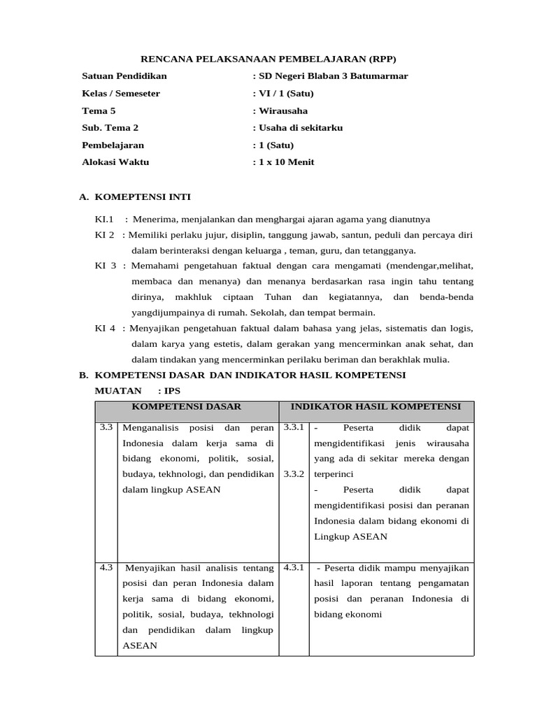 RPP Tema5 Subtema 2 PB 1 Kelas 6 Mapel Ips | PDF