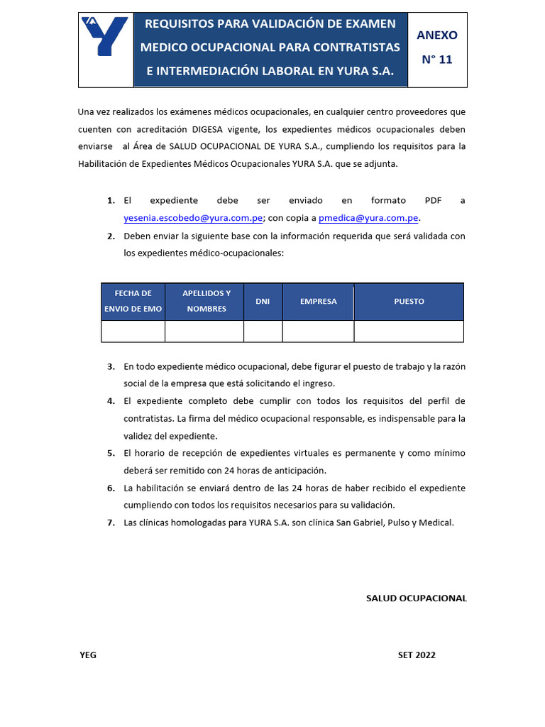 Anexo #11 - Requisitos para Validación de Examen Médico 2022 | PDF