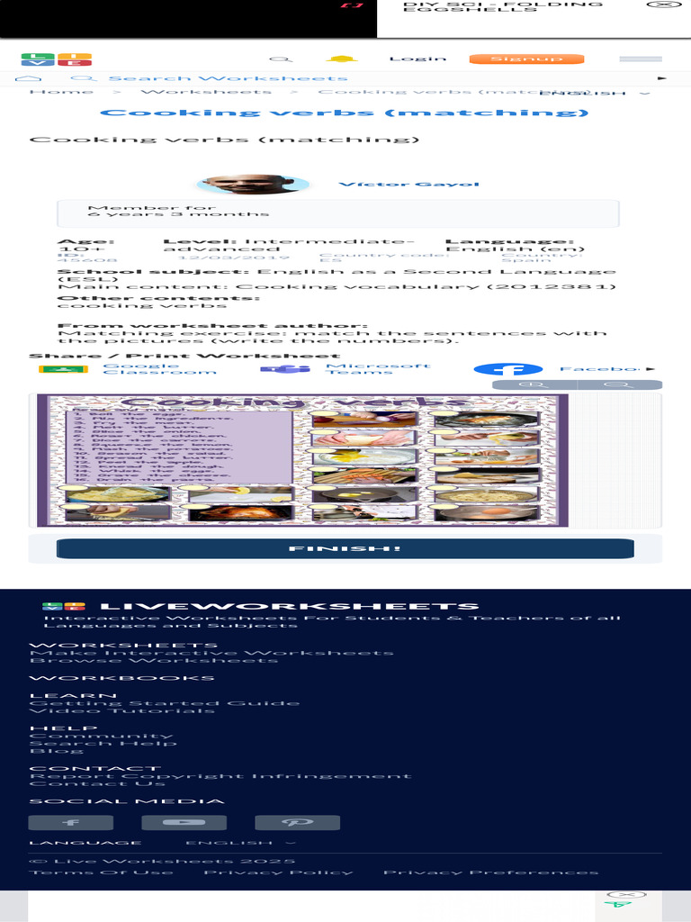 Cooking Verbs Matching Worksheet | PDF