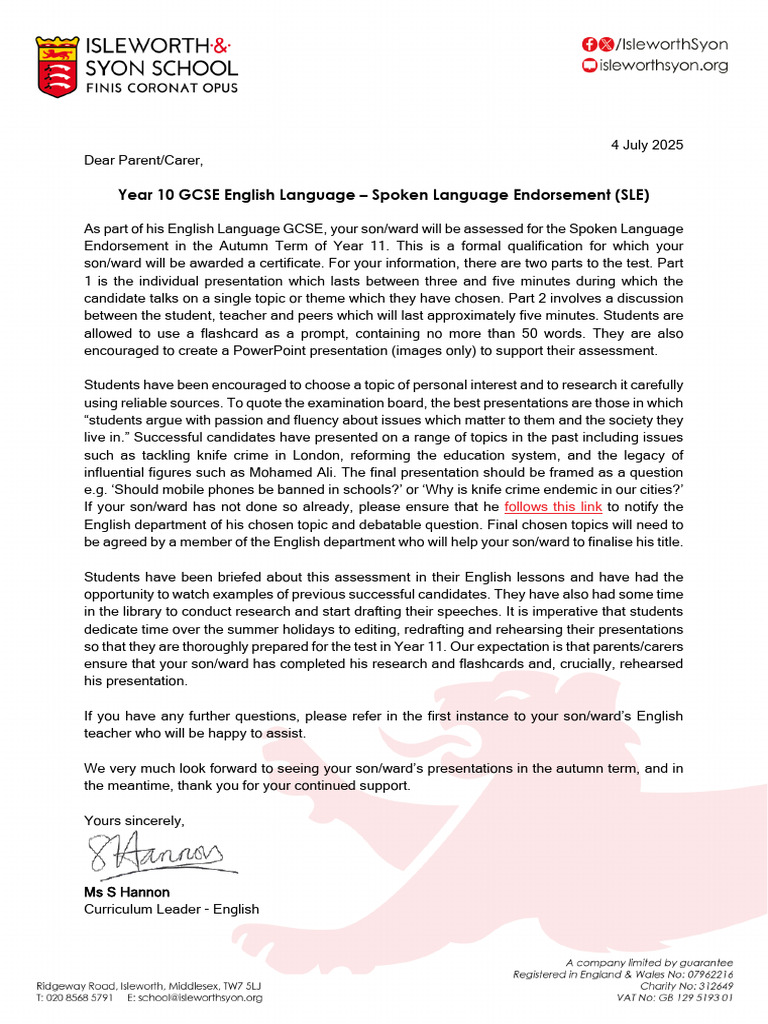 2025-07-04 Year 10 GCSE English Language - Spoken Language Endorsement ...