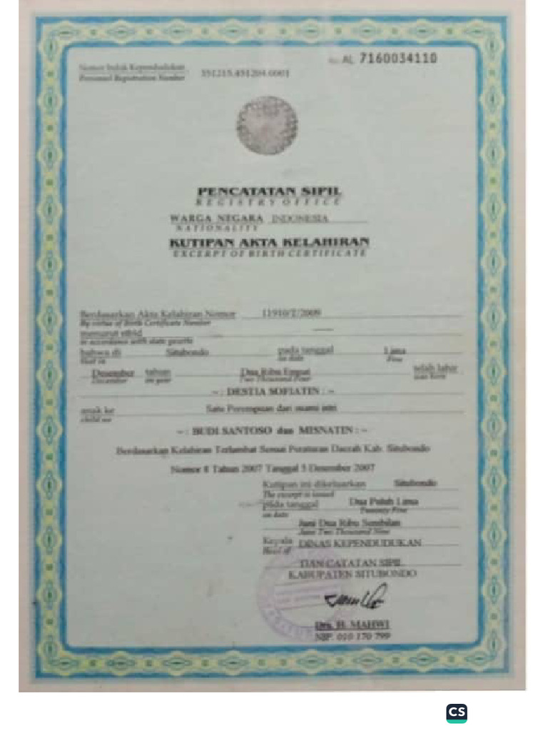 CamScanner Akte Lahir Destia | PDF