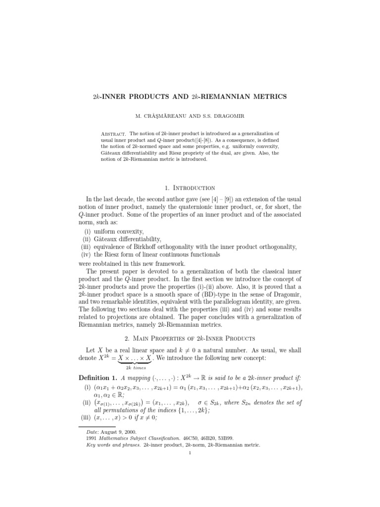 2k-Inner Products and Riemannian Metrics | PDF | Functions And Mappings ...