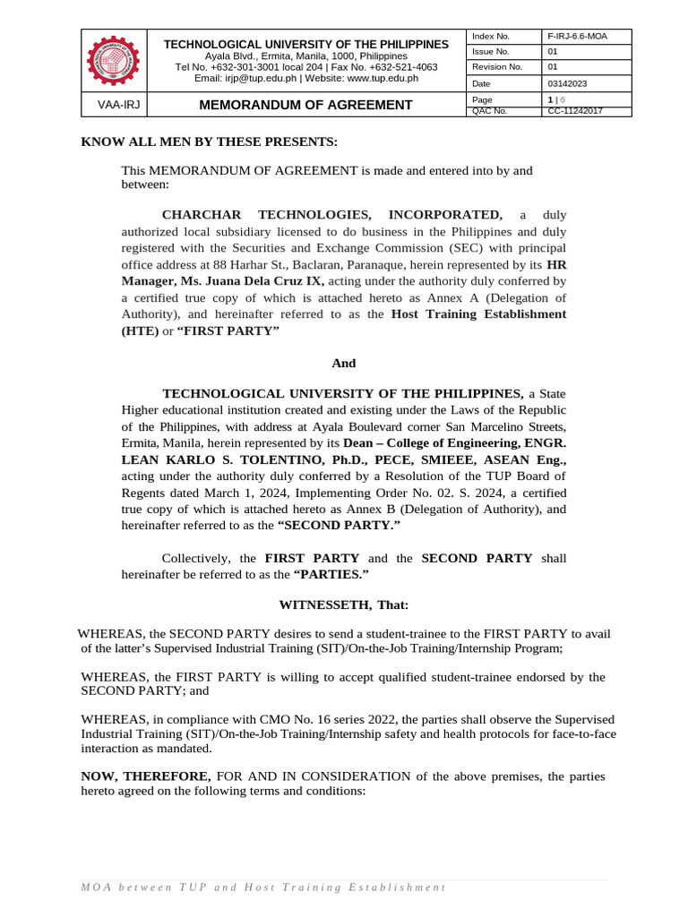 MOA for Student Internship Program | PDF | Legal Liability | Common Law