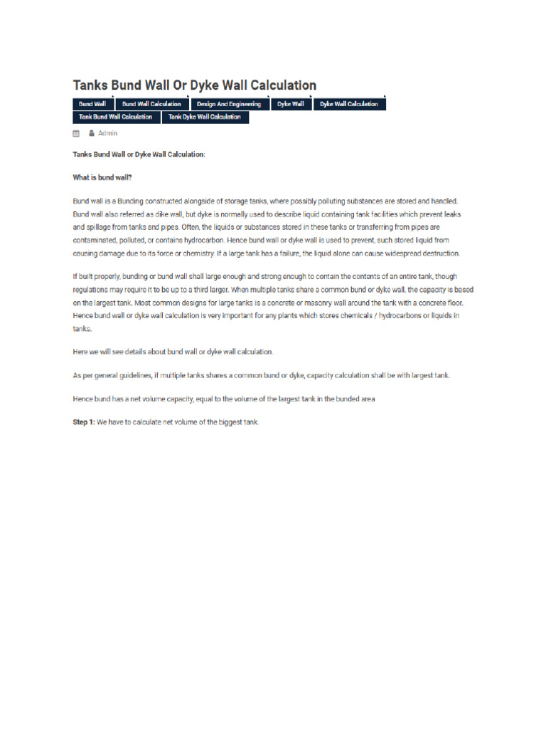 Tank and Bunds Calculation | PDF