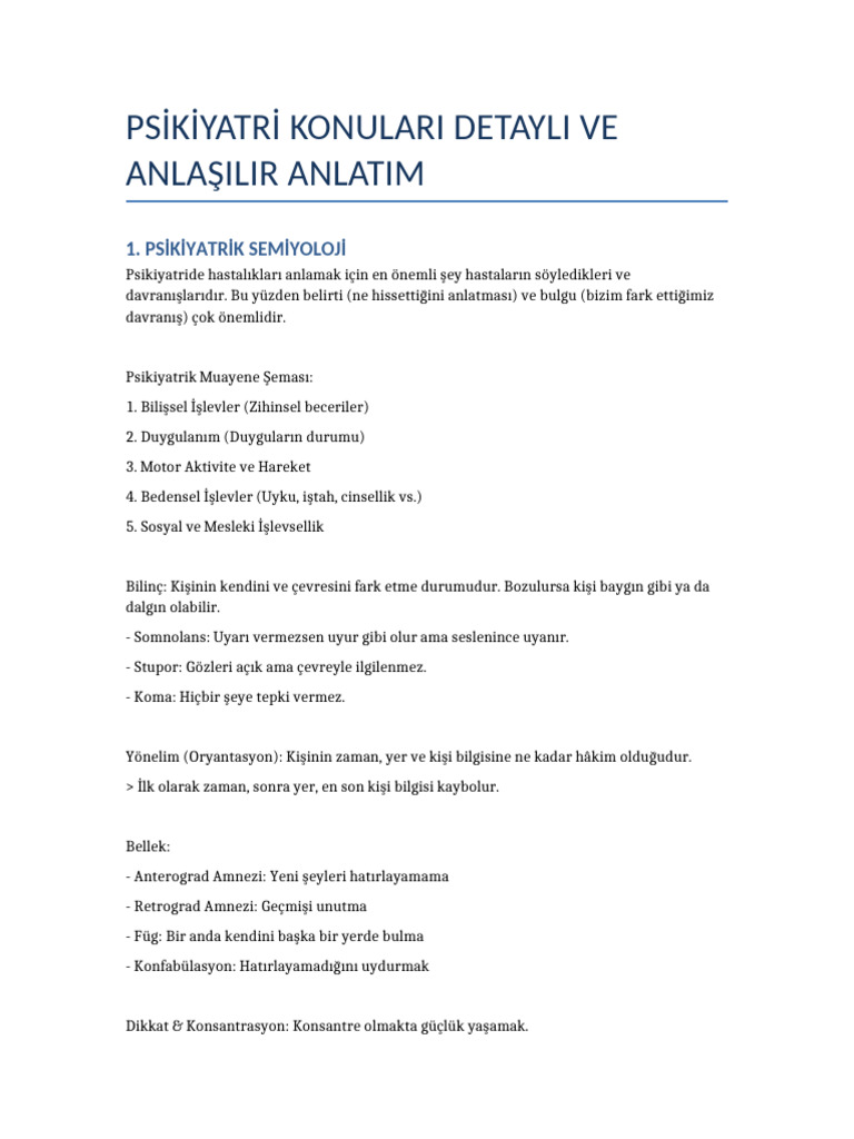 Psikiyatri Konulari Detayli Anlatim | PDF