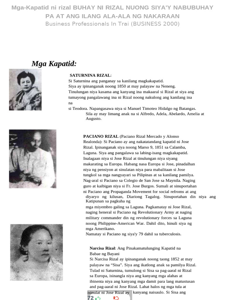 Mga Kapatid Ni Rizal Buhay Ni Rizal Nuong Siyay Nabubuhay Pa at Ang Ilang Ala Ala NG Nakaraan | PDF