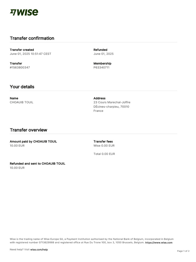 Wise Transfer Confirmation Transfer 1563800347 5533314603 FR | PDF ...