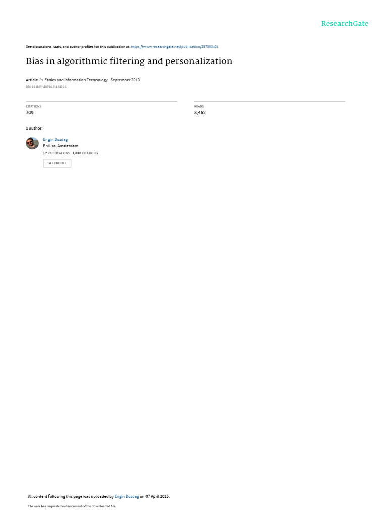 Bias in Algorithmic Filtering and Personalization. Ethics and Information Technology | PDF ...