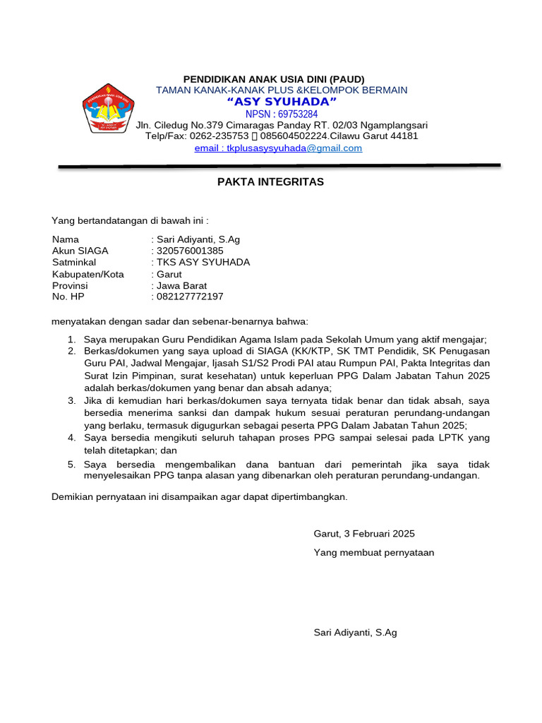 Pakta Integritas Dan Surat Pernyataan - Peserta - PPG - PAI - 2025-Tte Edit | PDF