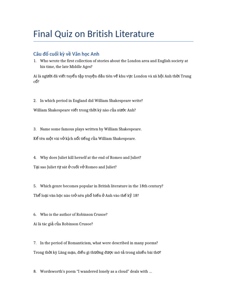 British Literature Quiz KhongDapAn | PDF