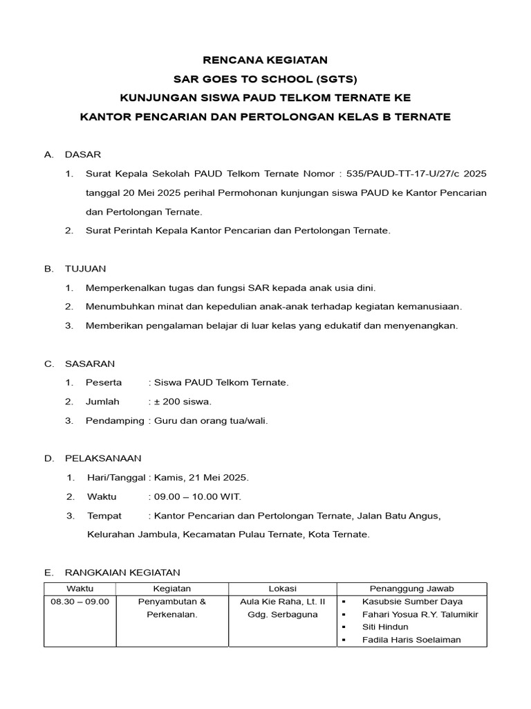 Rencana Giat Sgts Kunjungan Paud Telkom | PDF