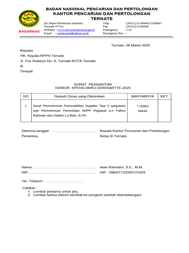 Surat Pengantar Permohonan SKPP Ternate | PDF