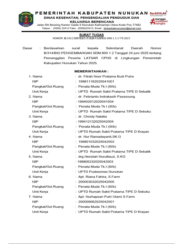 Surat Tugas Pelatihan CPNS Nunukan 2025 | PDF