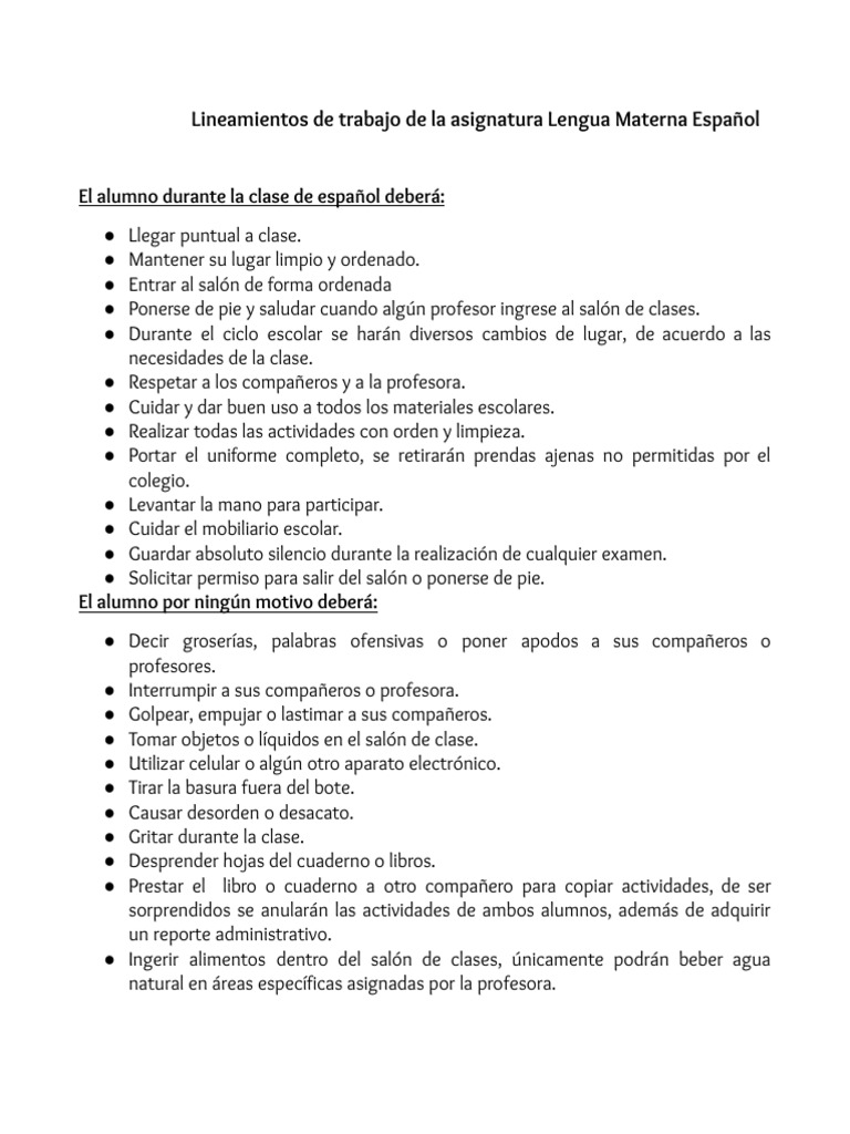 Reglamento de Clase Español 2024-205 | PDF | Cuaderno
