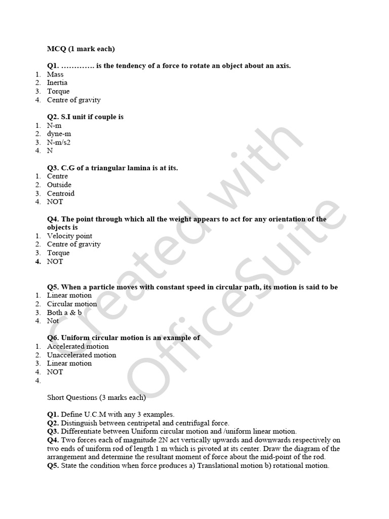 Physics MCQs and Short Questions on Motion | PDF