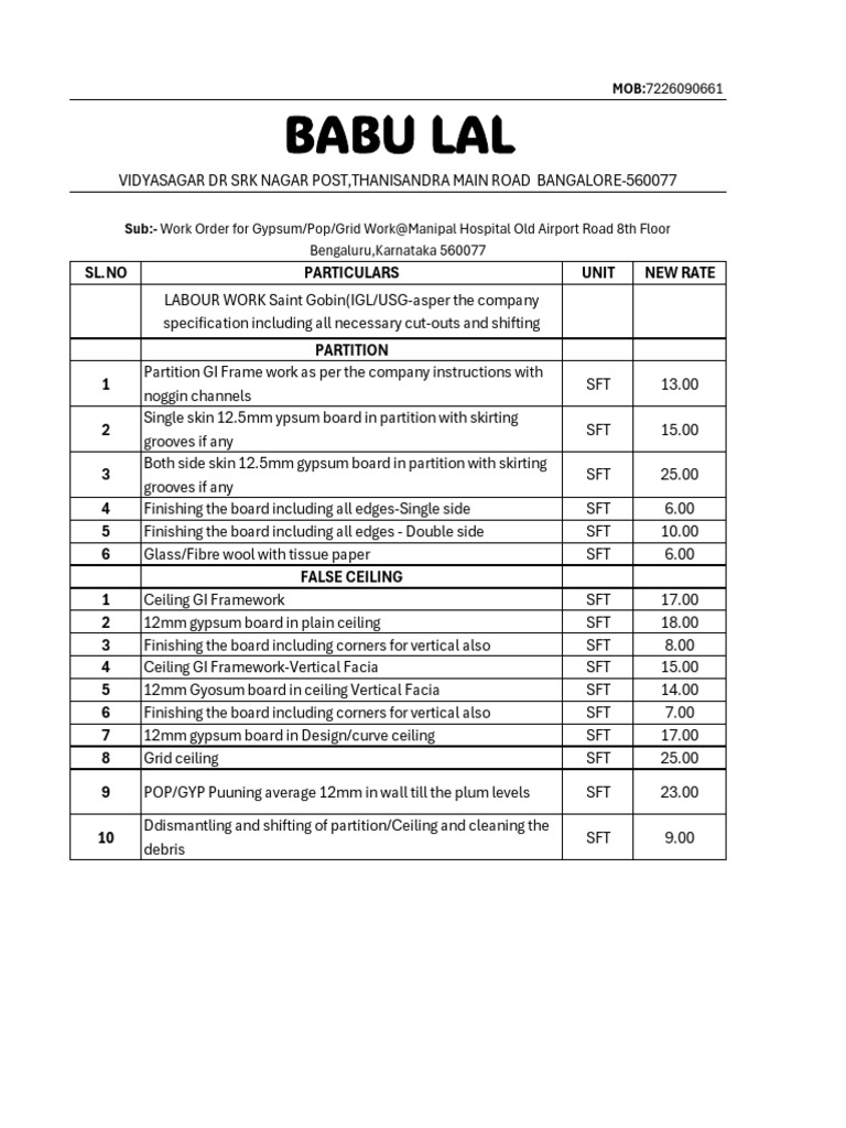 Babu Lal: SL - No Particulars Unit New Rate | PDF | Drywall ...