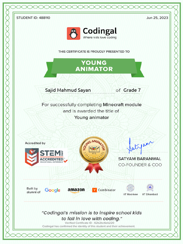 Young Animator Certificate | PDF