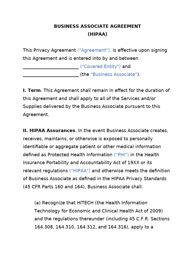 HIPAA Business Associate Agreement Template | PDF | Health Insurance ...